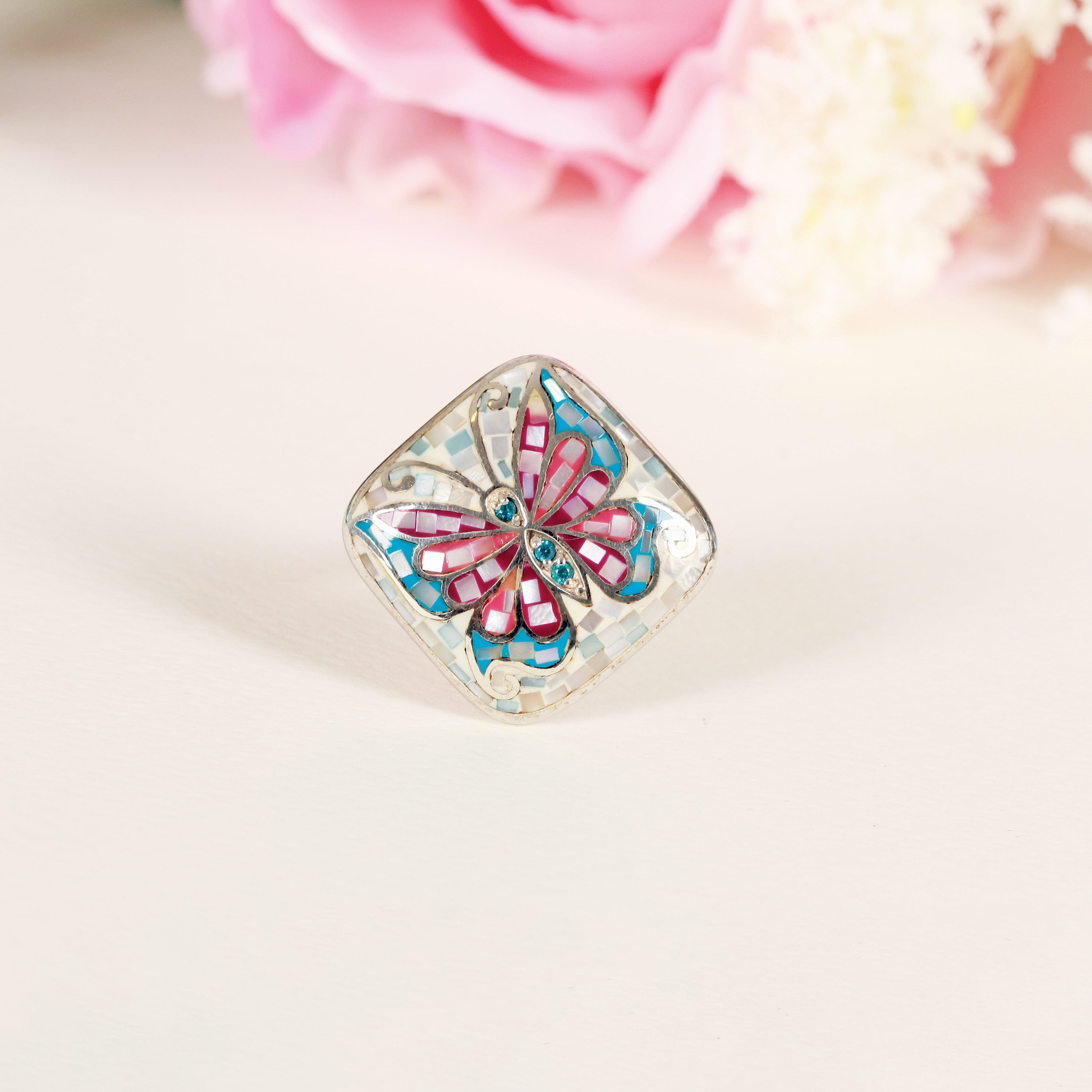 Squared Butterfly Mother of Pearl Mosaic Ring – The Velli Shop