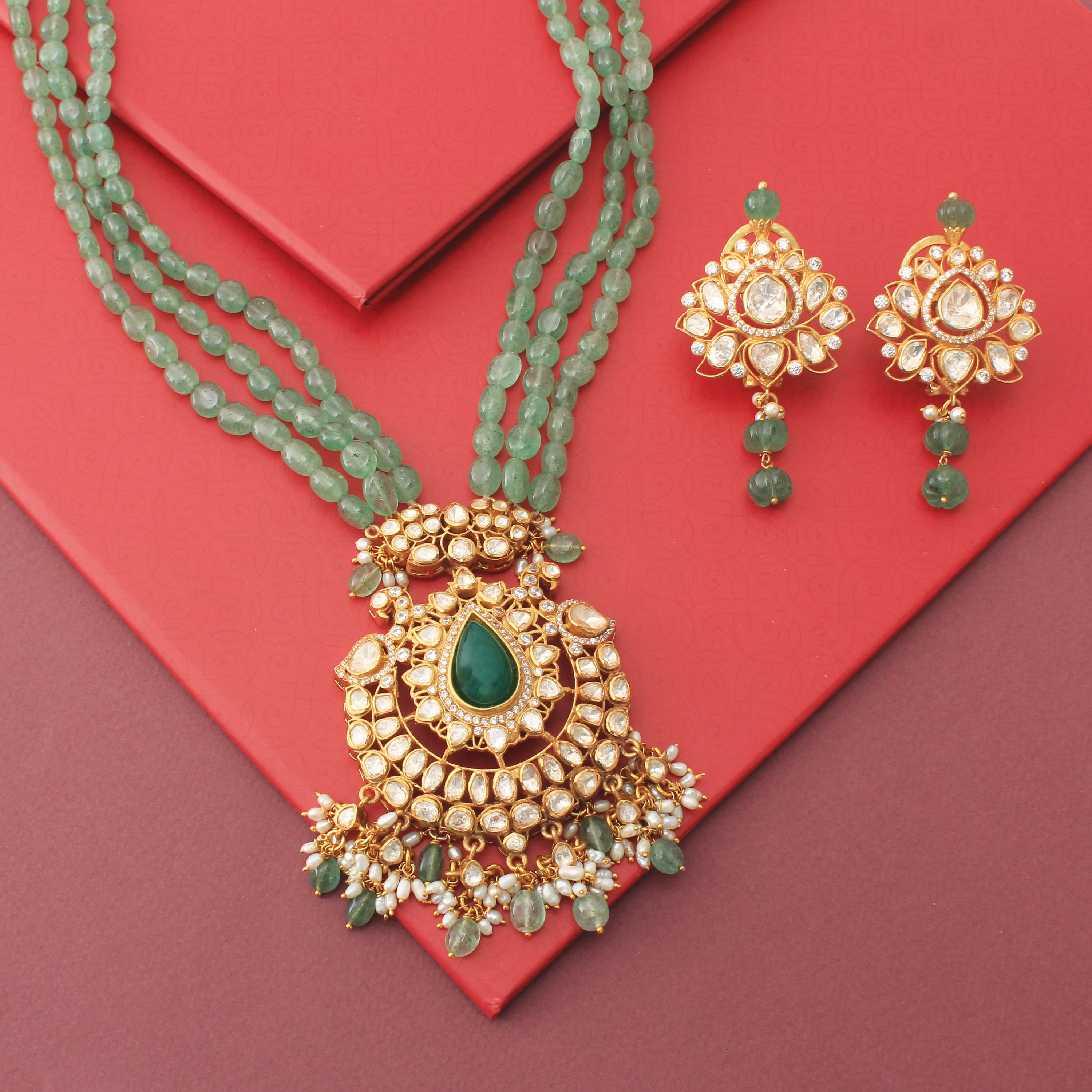 Gold Plated Beaded Victorian Moissanite Haram With Earring – The Velli Shop