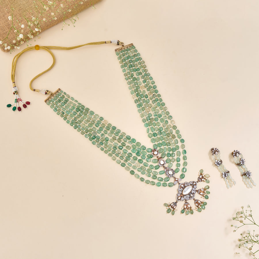 Layered Beaded Dual Tone Victorian Moissanite Haram With Earring – The ...