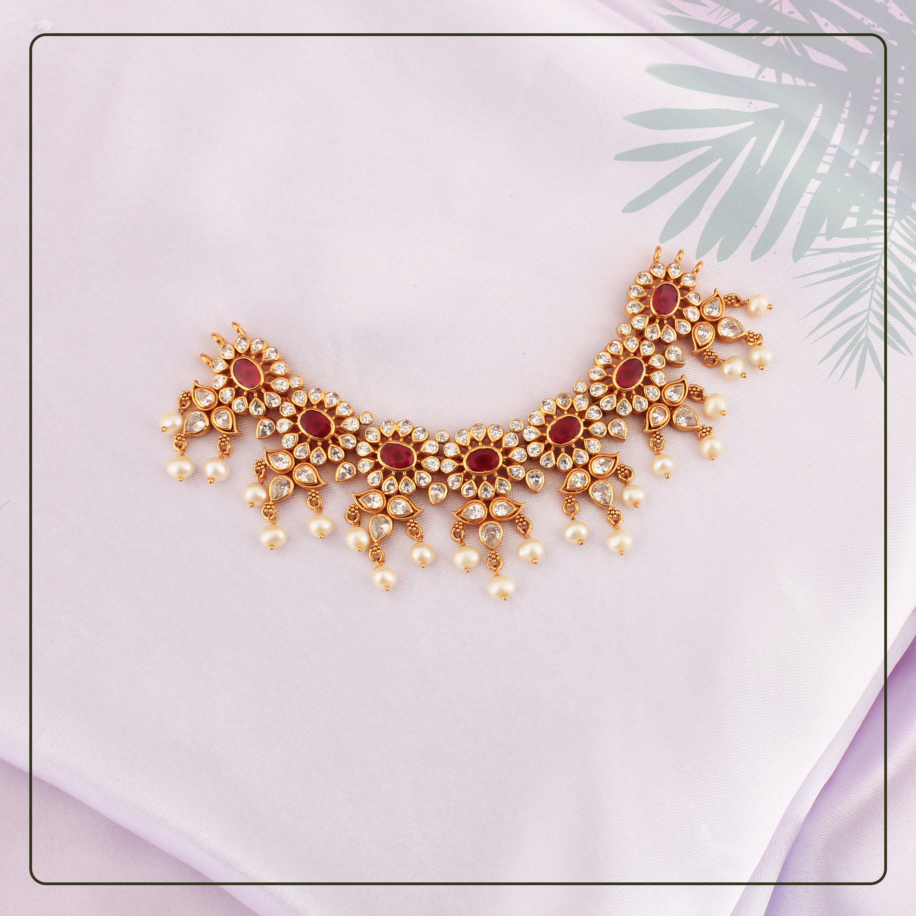 Floral Pink Gold Plated Stone With Pearl Choker – The Velli Shop