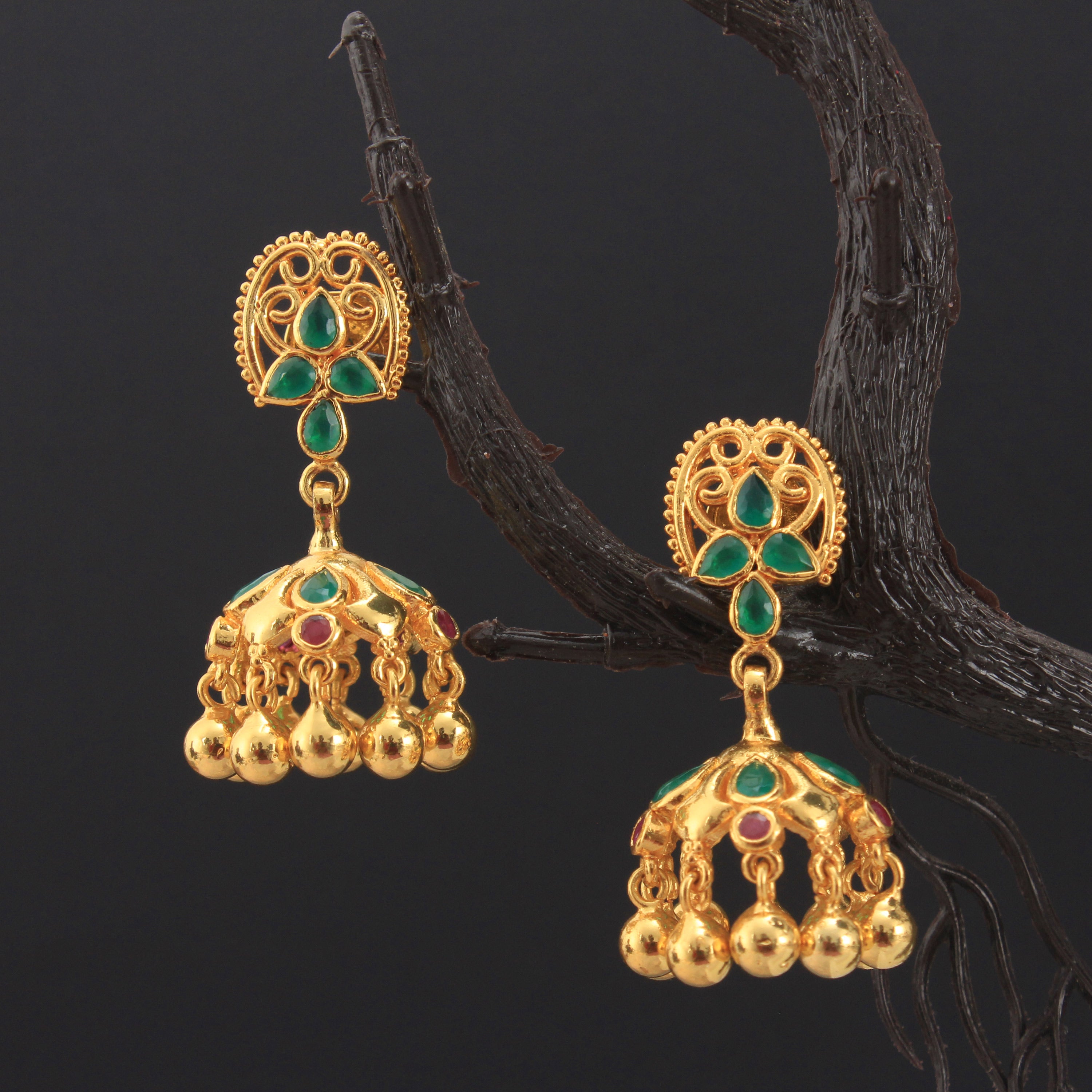 Charming Gold Plated Green Stone Jhumkas – The Velli Shop