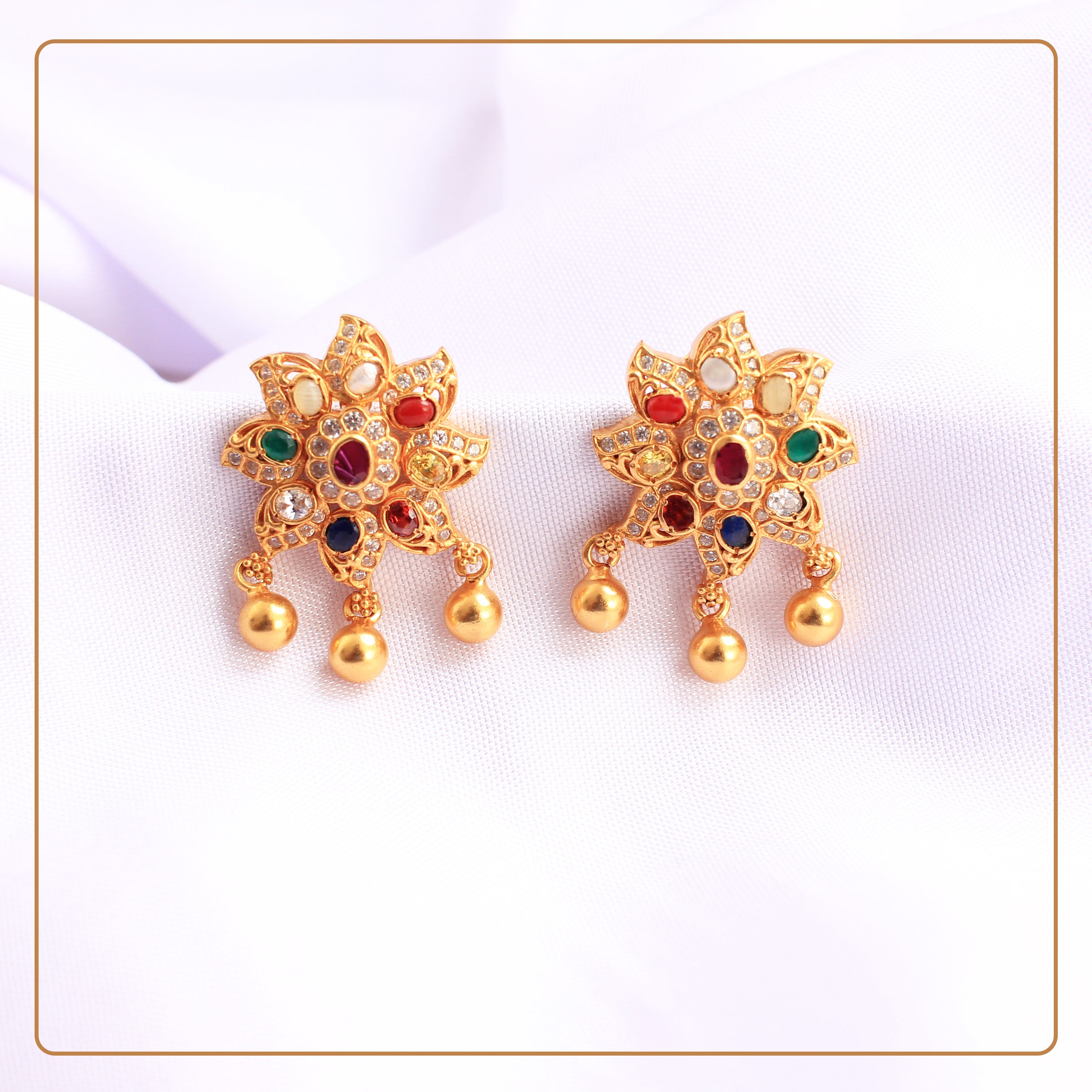 White Flower Gold Plated Navaratna Stud and Drops – The Velli Shop