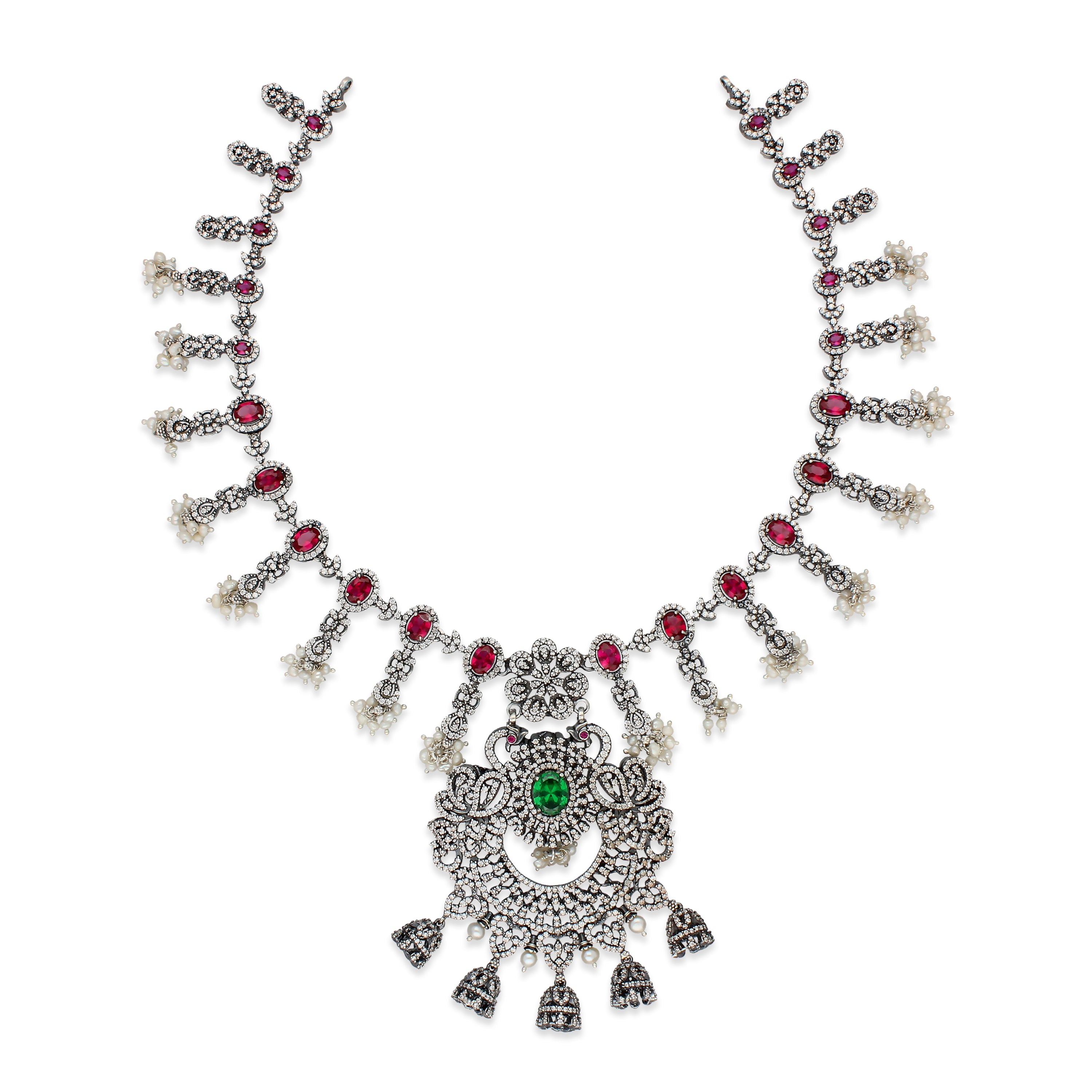 Oxidised Strikingly Peacock Red & Green CZ Haram – The Velli Shop
